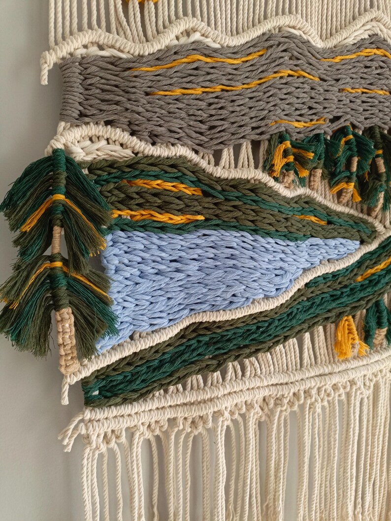 Modern Large Mountain Lake Macrame Wall Art, Handwoven Nature Landscape ...
