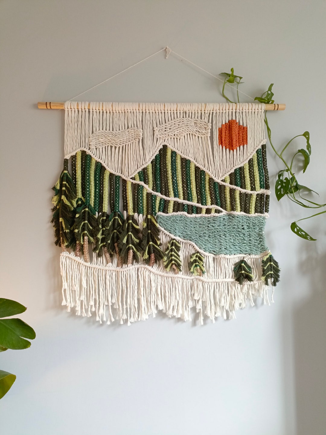 Green Forest Landscape Macrame, Spring Wall Tapestry, Nature Handwoven ...
