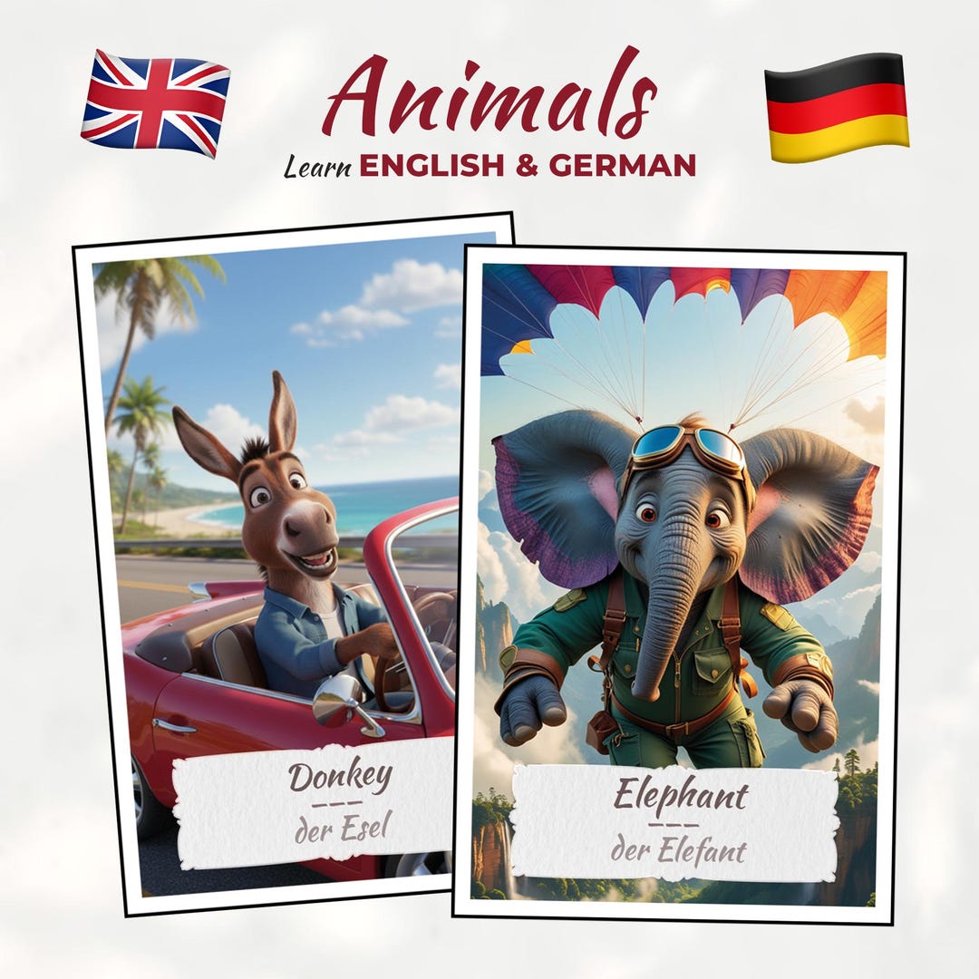 English German Animal Names Flashcards: 32 Bilingual Vocabulary Cards ...