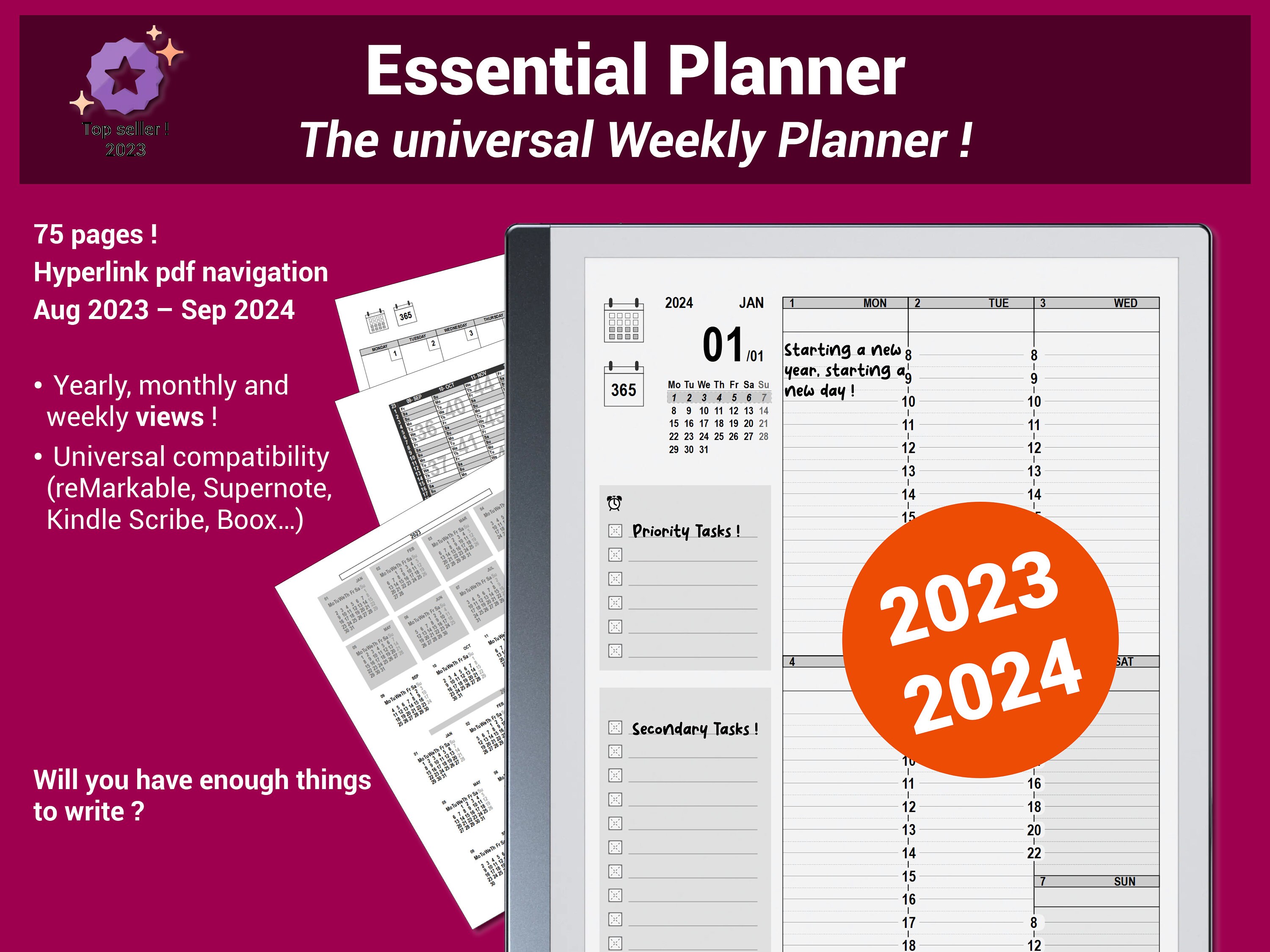 Essential Planner 2023/2024 Edition Universal Weekly Pdf Diary for Eink ...