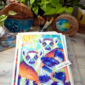 Lemur Embrace - Original Colorful Animal Painting, Hand Painted With Acrylic on Paper, Created ...