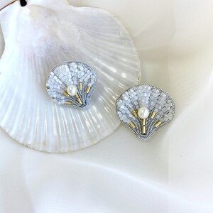Beaded Pearl Stud Earrings, Sea Shell Earrings - Etsy