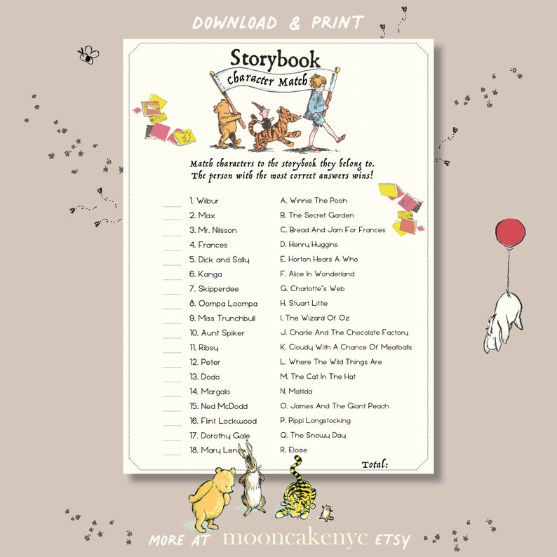 Storybook Character Match - Baby Shower Game - Instant Download ...