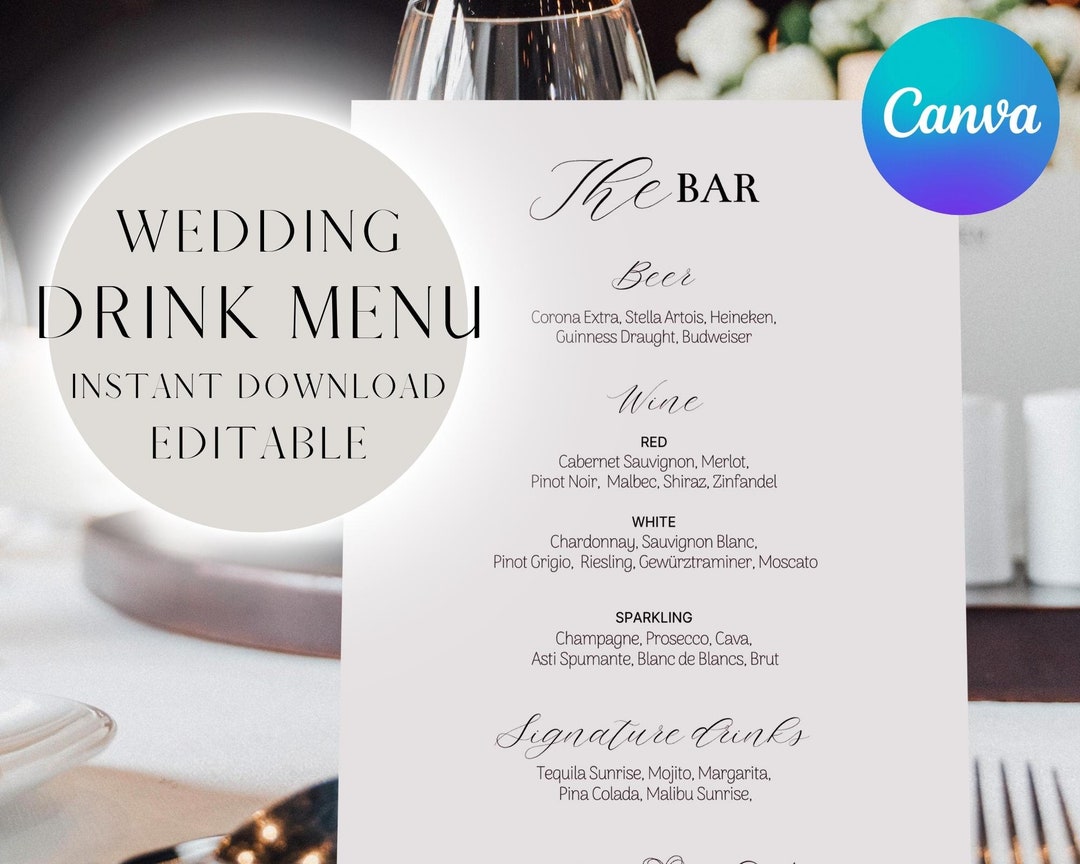 Bar Menu Wedding Templates Drink Menu Bridal Shower - Etsy