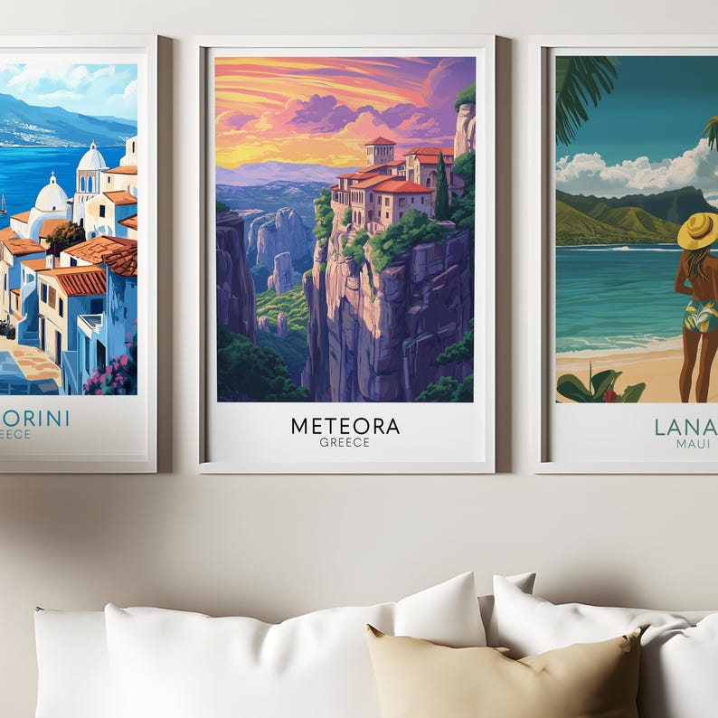 Meteora Greece Poster, Mountain Poster, Greece Travel Poster, Vintage ...