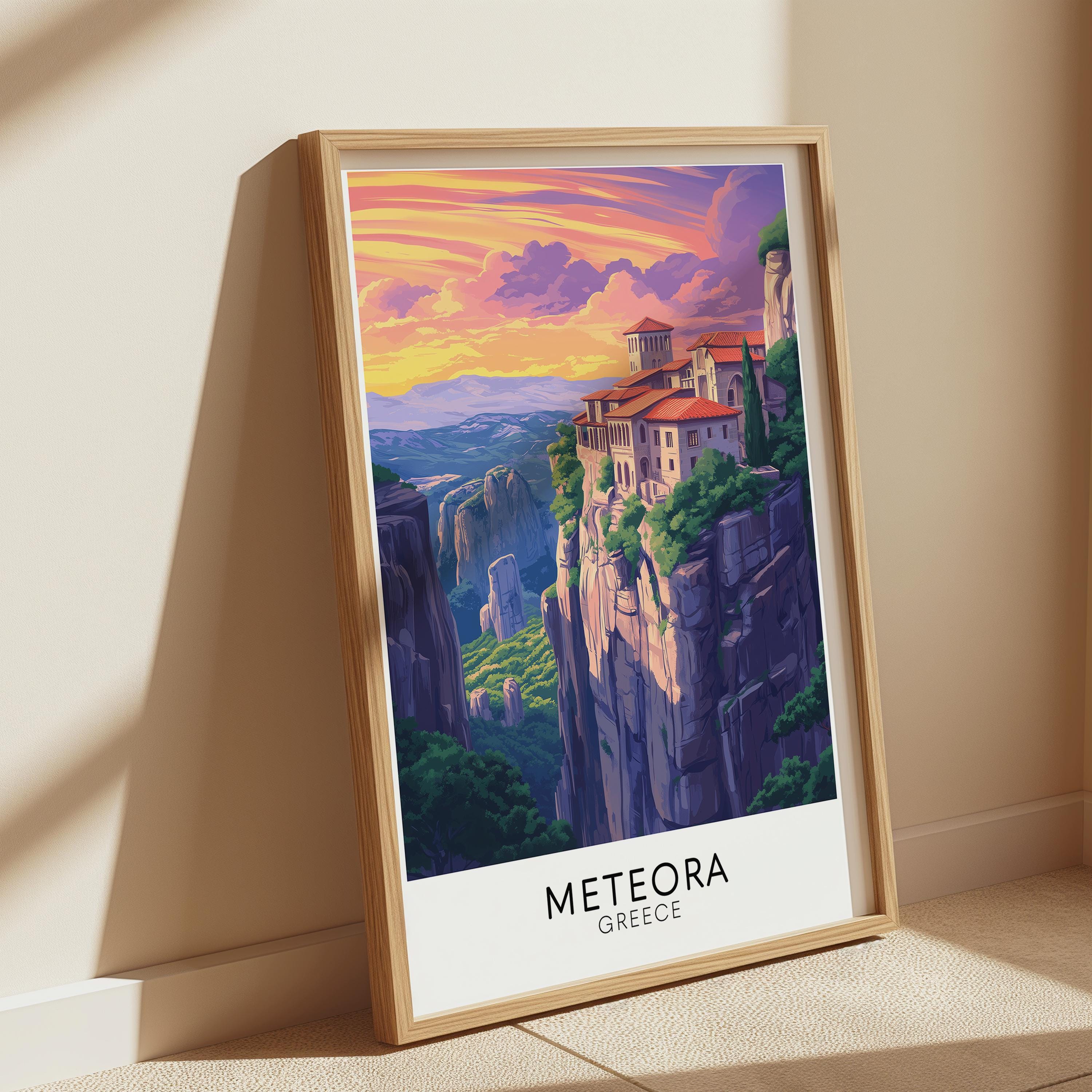 Meteora Greece Poster, Mountain Poster, Greece Travel Poster, Vintage ...