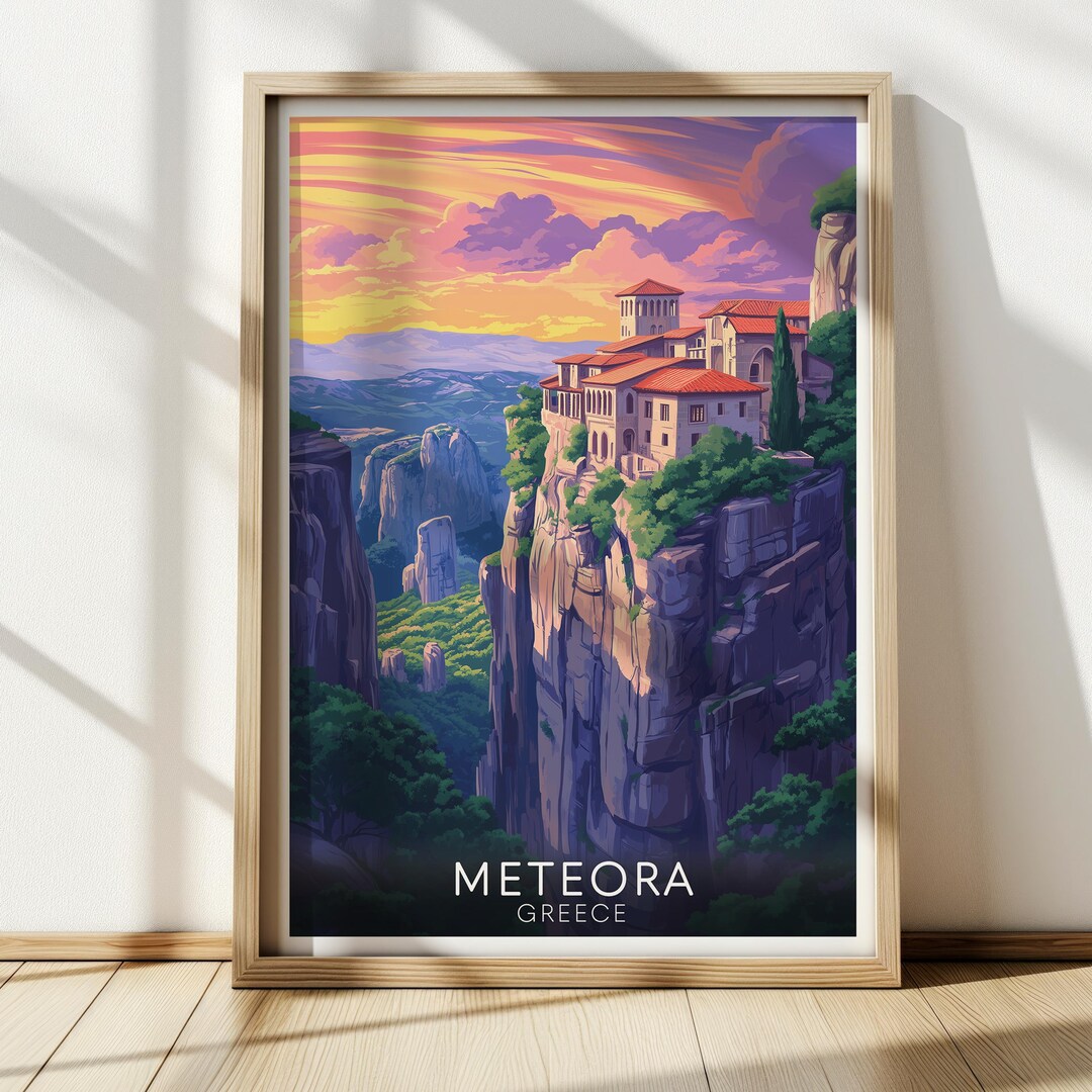 Meteora Greece Travel Poster, Vintage Wall Art, Mountain Art Print ...