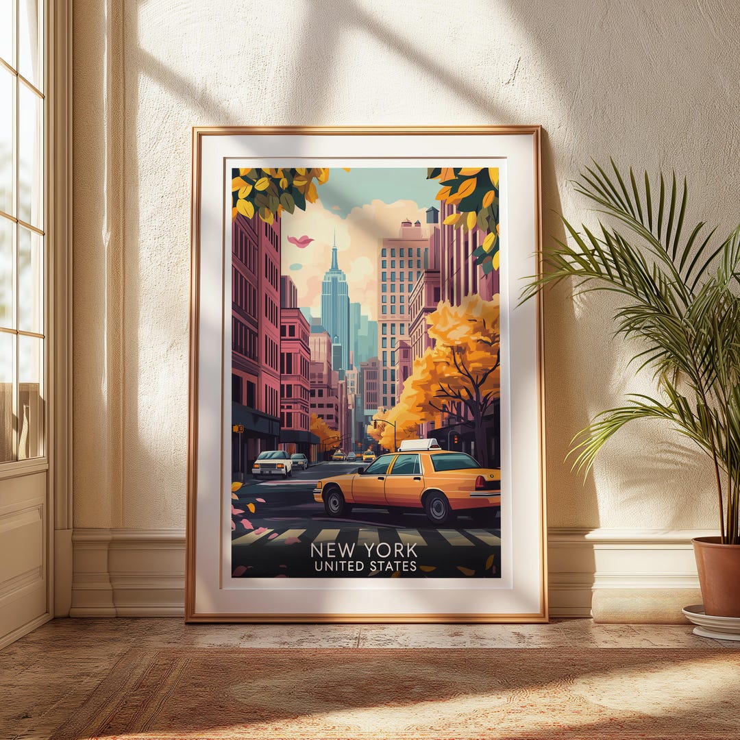 NYC Fall Street Scene Poster: Empire State Building & Taxi Art Print - Etsy