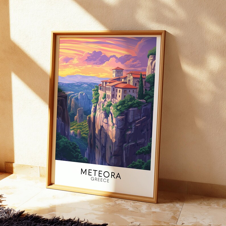 Meteora Greece Poster, Mountain Poster, Greece Travel Poster, Vintage ...