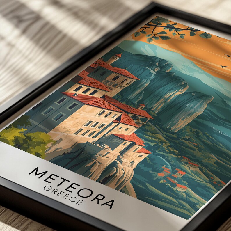 Meteora Greece Poster, Mountain Poster, Greece Travel Poster, Vintage ...