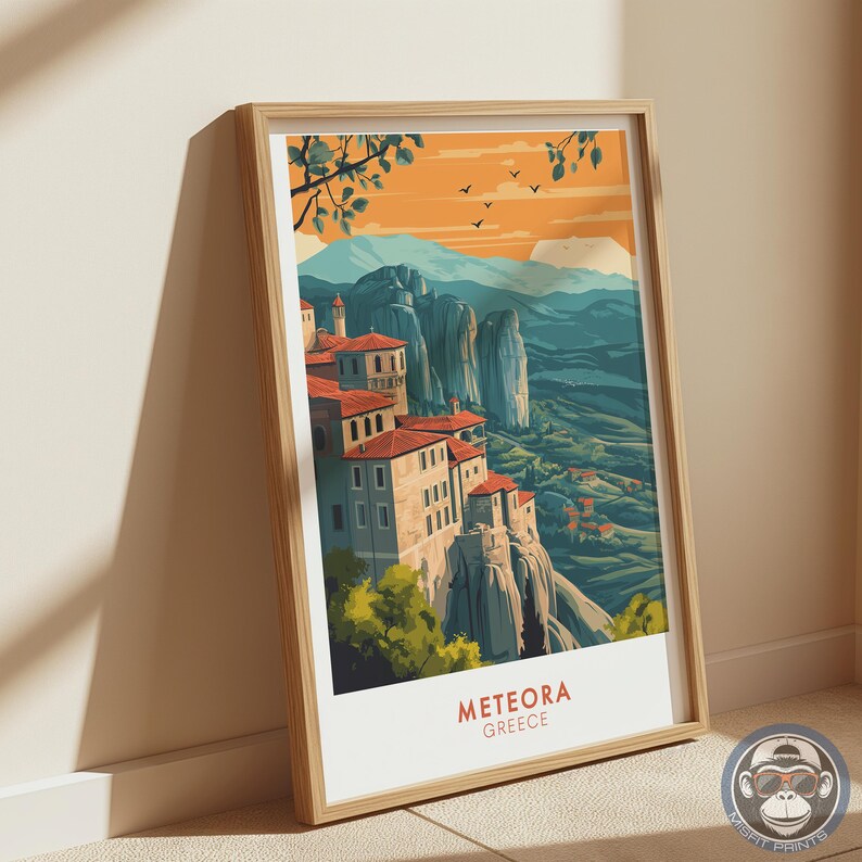 Meteora Greece Travel Poster: Vintage Mountain Art Print - Etsy