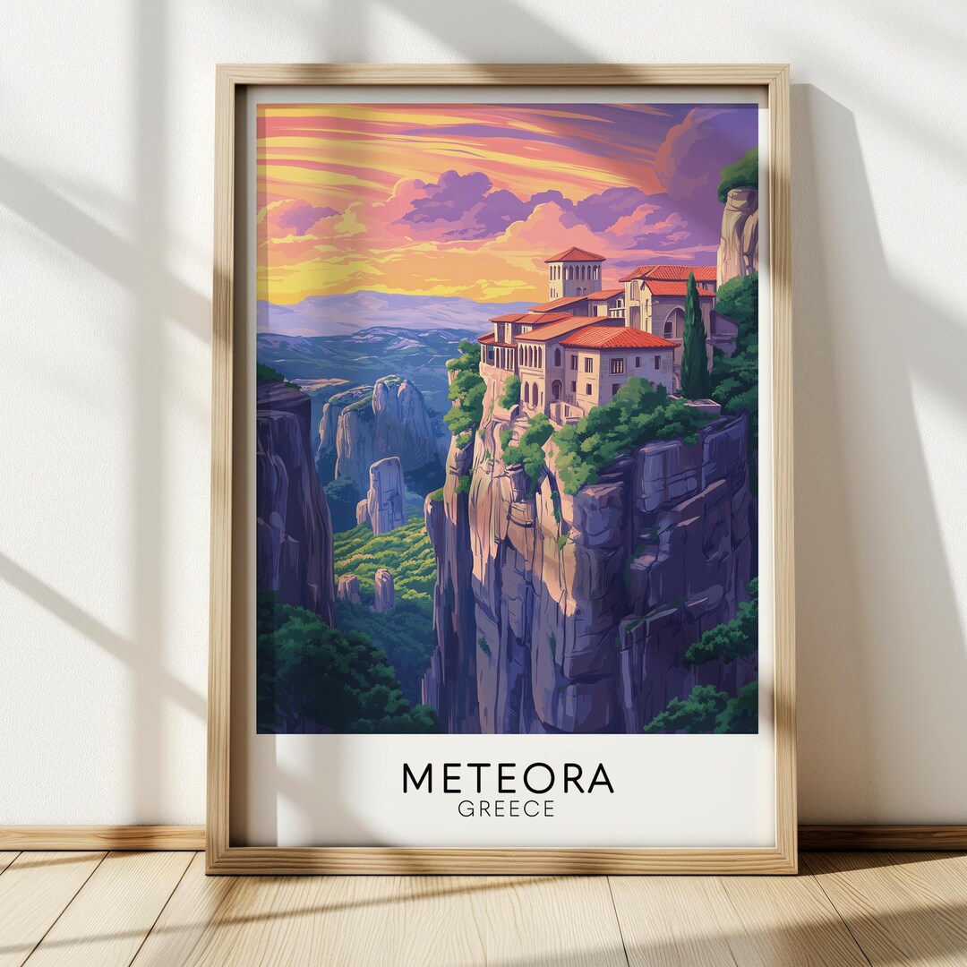 Meteora Greece Travel Poster, Vintage Wall Art, Mountain Art Print ...