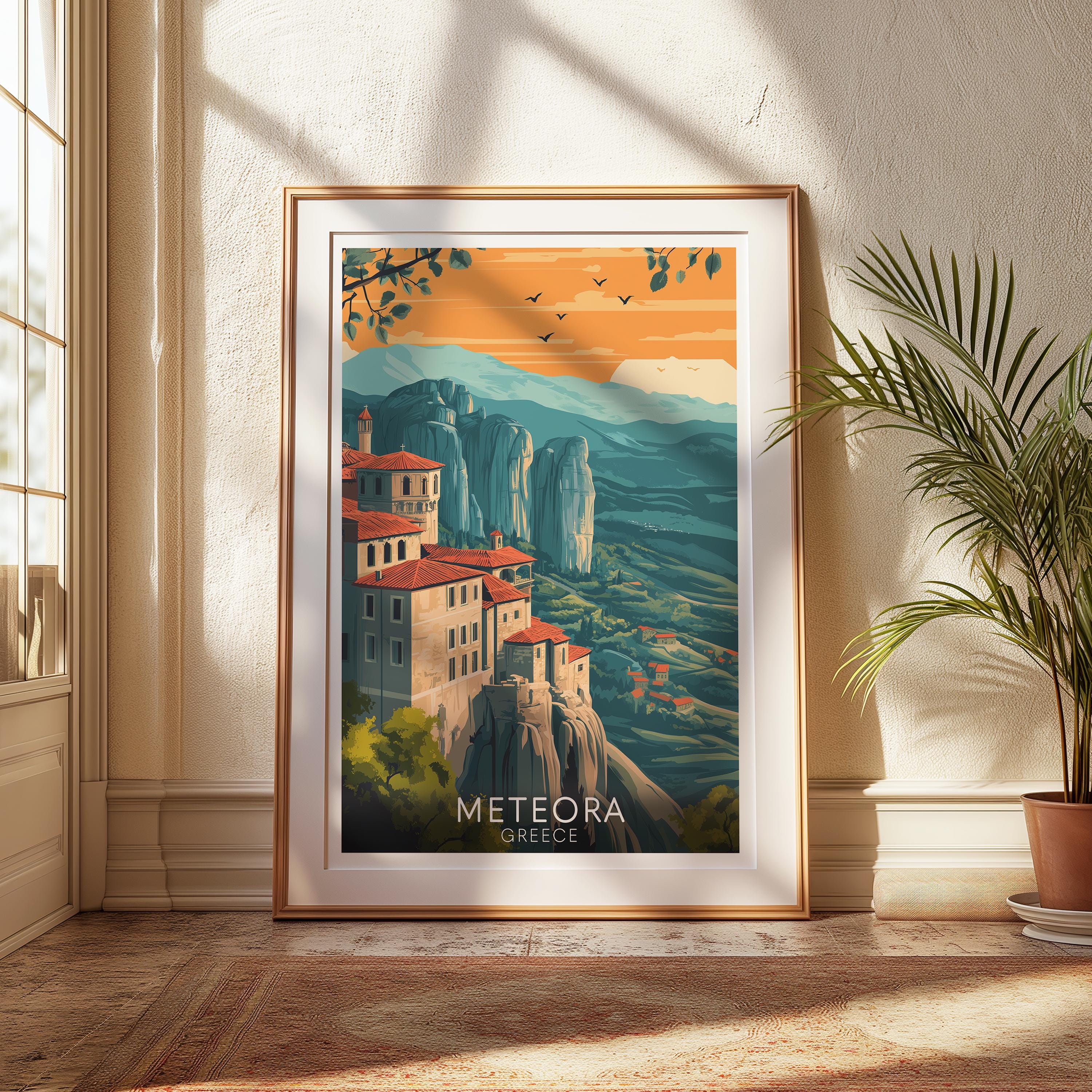 Meteora Greece Poster, Mountain Poster, Greece Travel Poster, Vintage ...