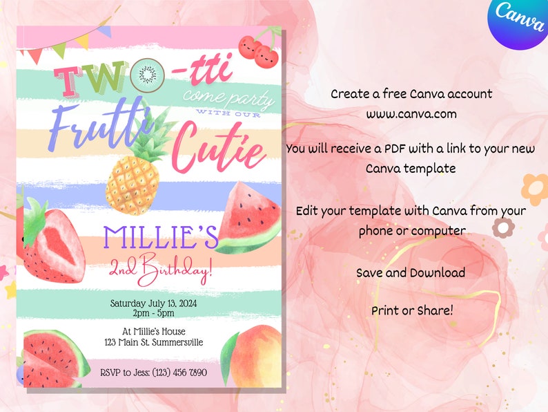 Twotti Frutti 2nd Birthday Invitation: Tropical Fruit Party (canva ...