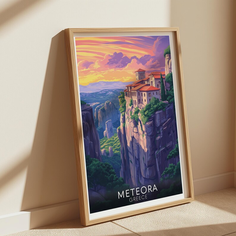 Meteora Greece Poster, Mountain Poster, Greece Travel Poster, Vintage ...
