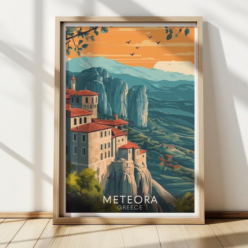 Meteora Greece Poster, Mountain Poster, Greece Travel Poster, Vintage ...