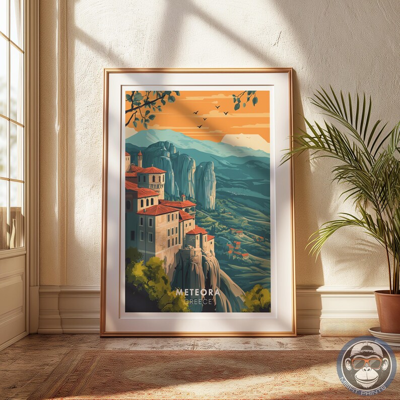 Meteora Greece Travel Poster: Vintage Mountain Art Print - Etsy