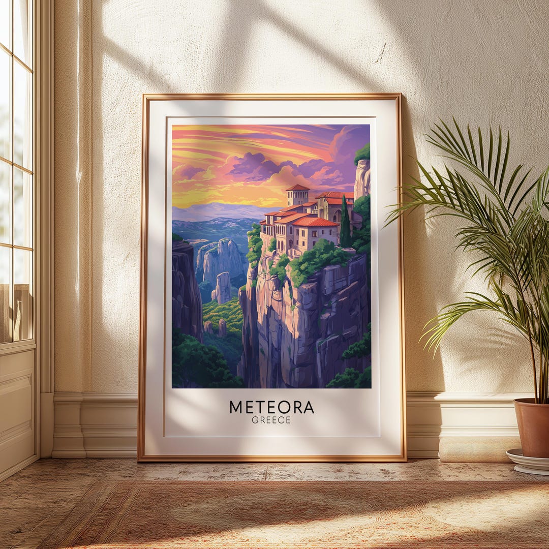 Meteora Greece Poster, Mountain Poster, Greece Travel Poster, Vintage ...