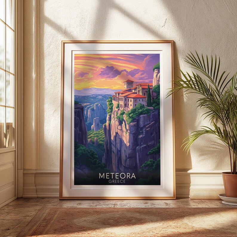 Meteora Greece Poster, Mountain Poster, Greece Travel Poster, Vintage ...