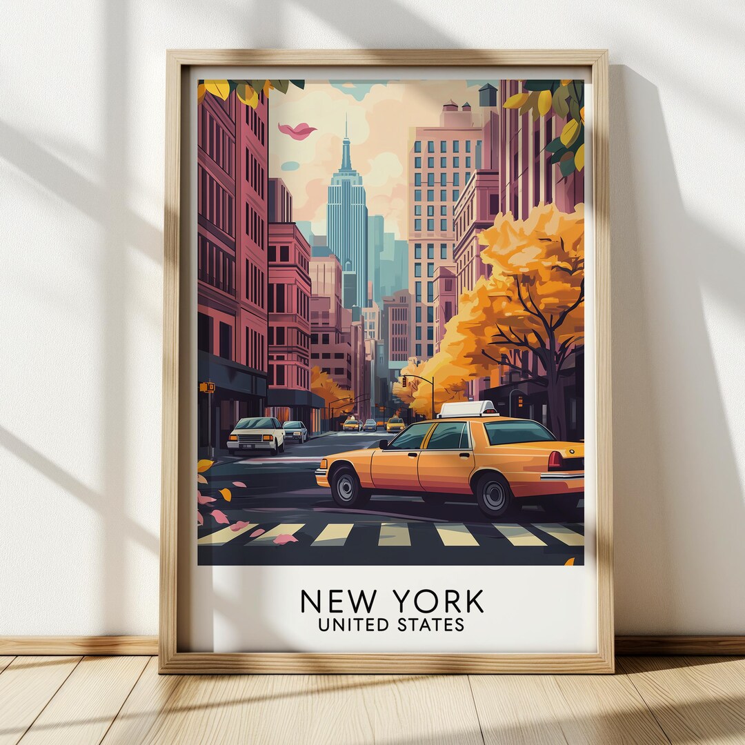 New York City Fall Street Scene Poster – NYC Taxi and Empire State ...