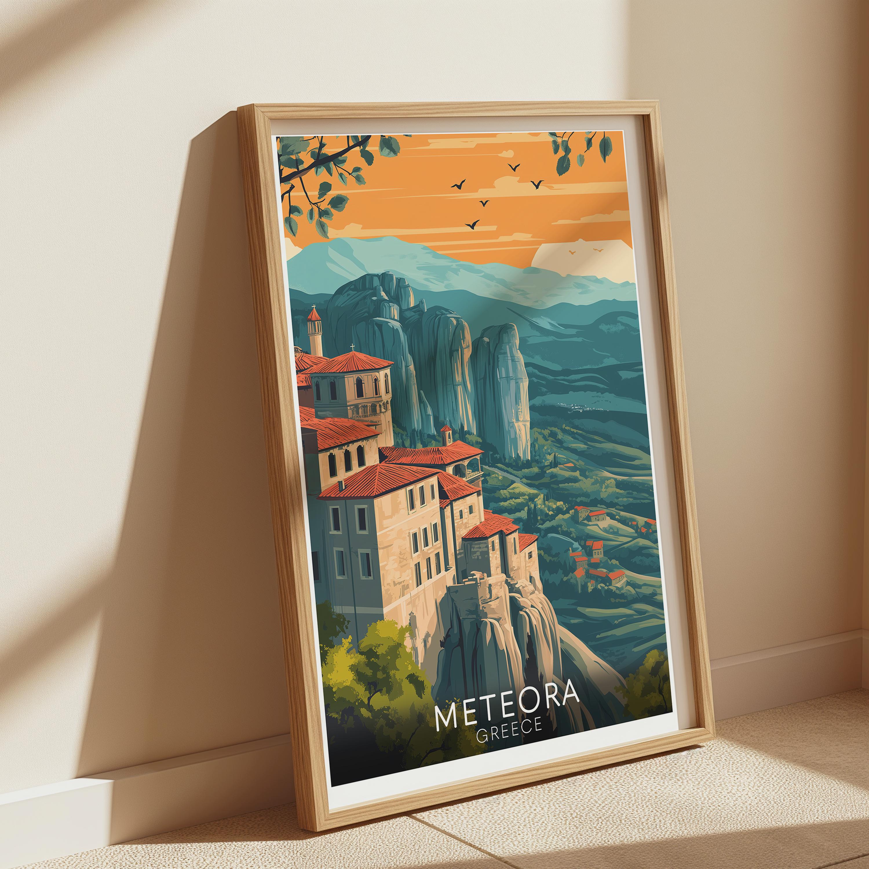 Meteora Greece Poster, Mountain Poster, Greece Travel Poster, Vintage ...