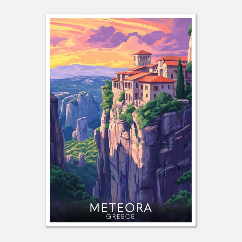 Meteora Greece Poster, Mountain Poster, Greece Travel Poster, Vintage ...