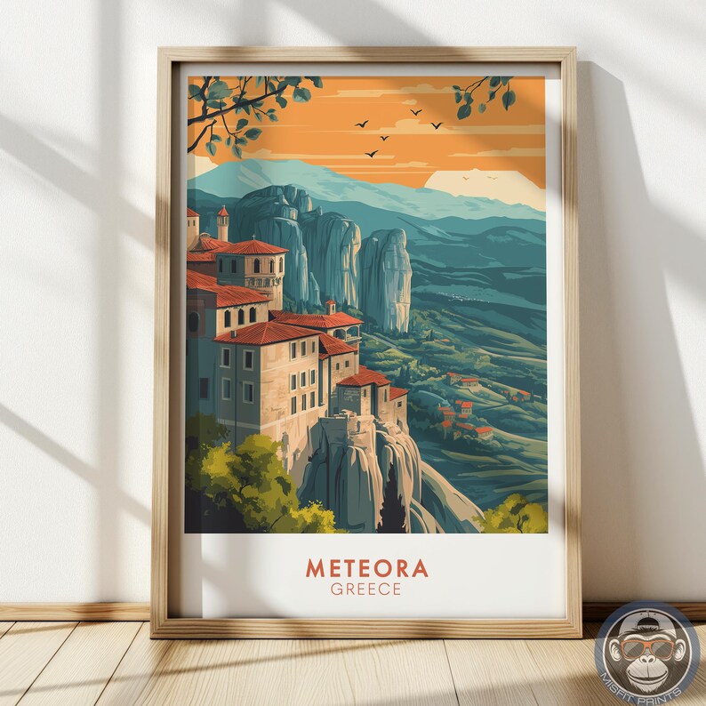 Meteora Greece Travel Poster: Vintage Mountain Art Print - Etsy