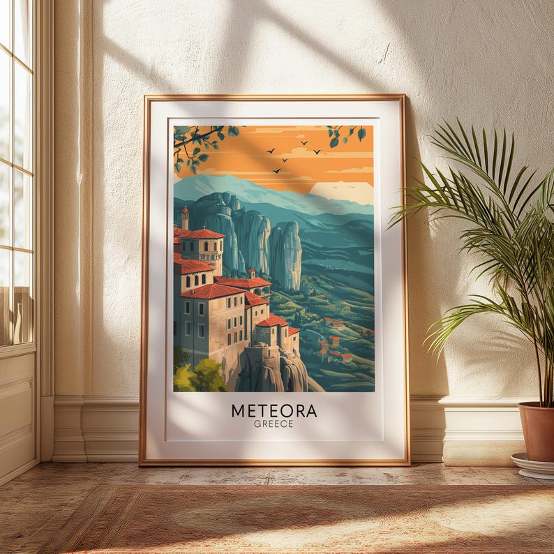 Meteora Greece Poster, Mountain Poster, Greece Travel Poster, Vintage ...