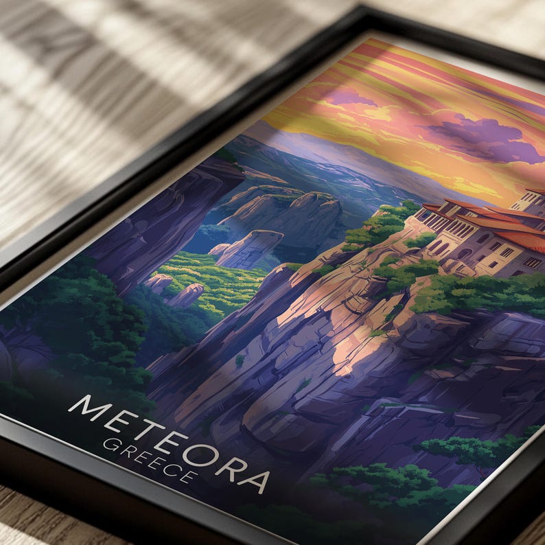 Meteora Greece Poster, Mountain Poster, Greece Travel Poster, Vintage ...