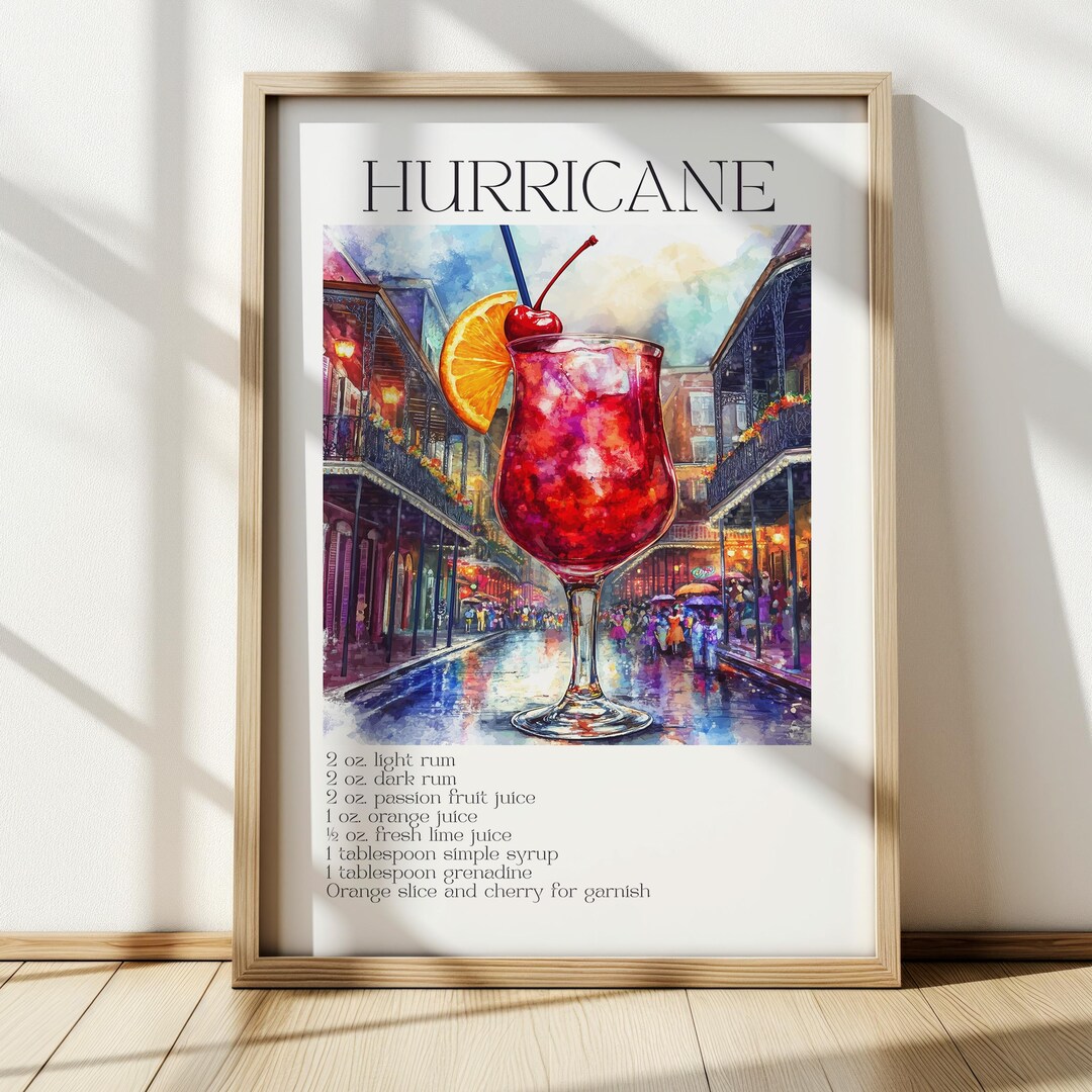 Hurricane Cocktail, Cocktail Art Poster, Hurricane Recipe, Bar Decor ...