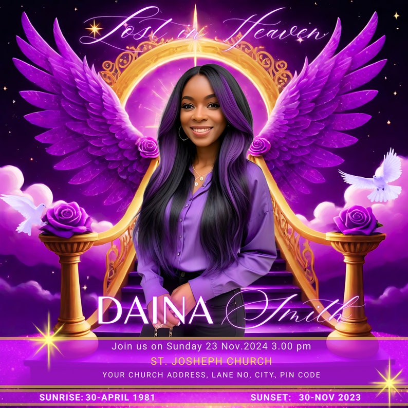 Purple Memorial Funeral Announcement Flyer Template (editable) - Etsy