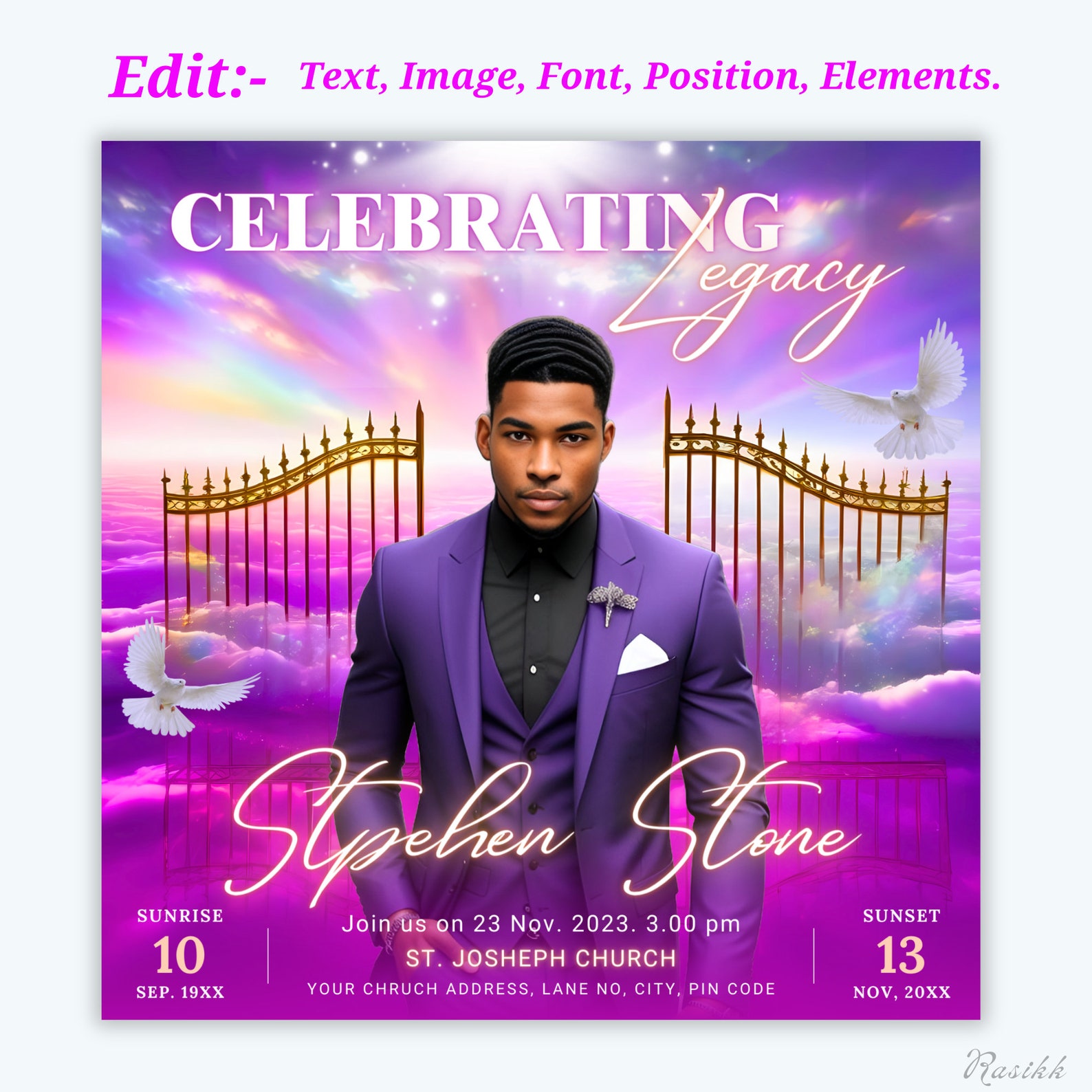 Purple Funeral Announcement Flyer: Editable Memorial Template - Etsy