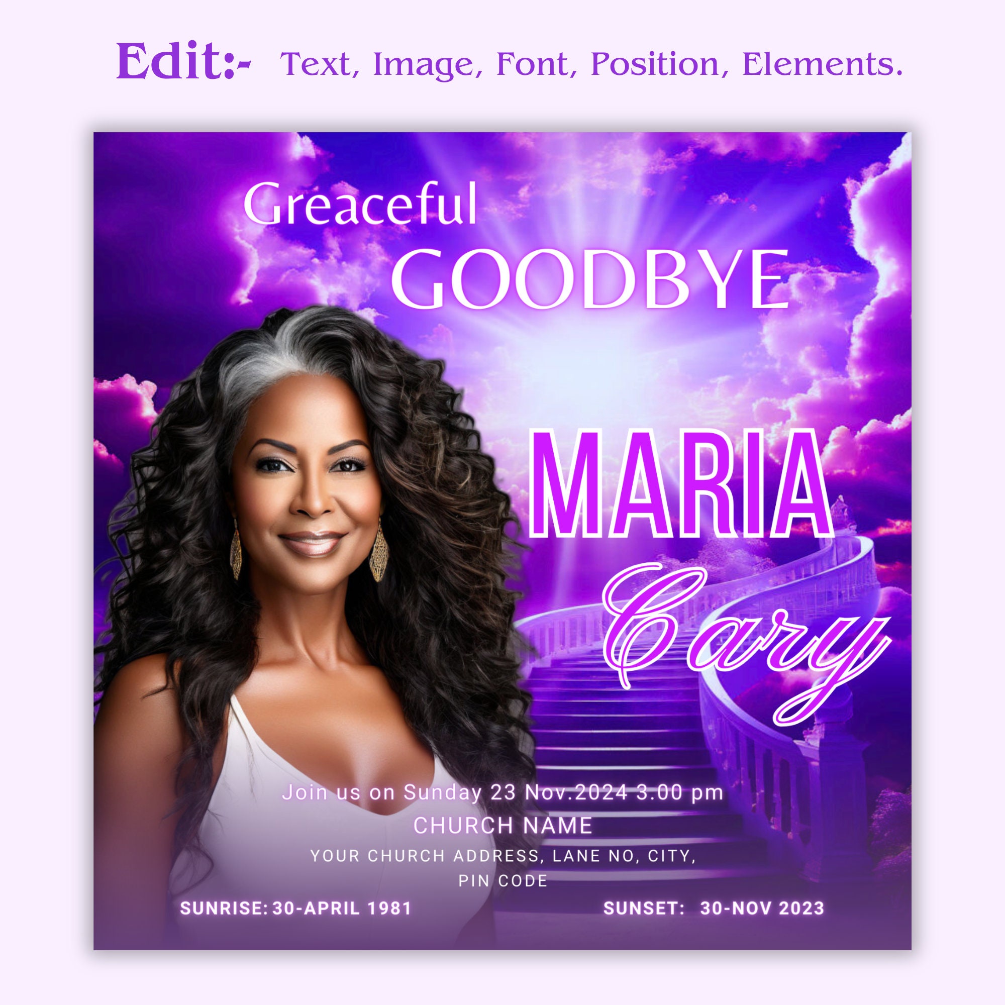 Purple Memorial Announcement Flyer: Editable Funeral Invite Template - Etsy