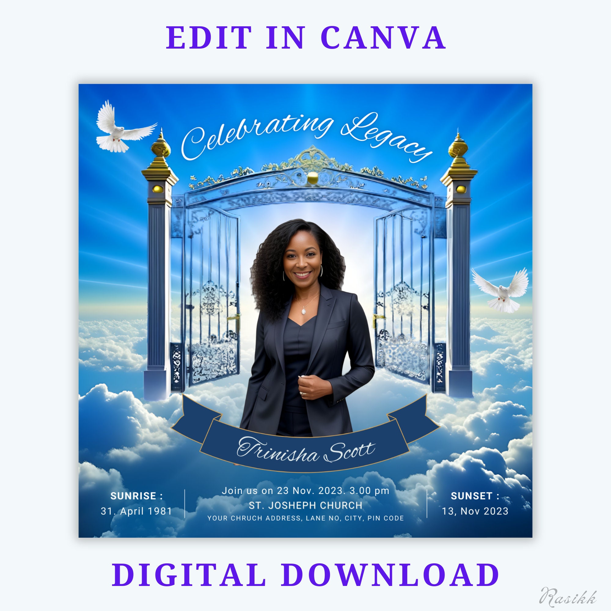 Funeral Invitation & Memorial Announcement Canva Template. Digital ...
