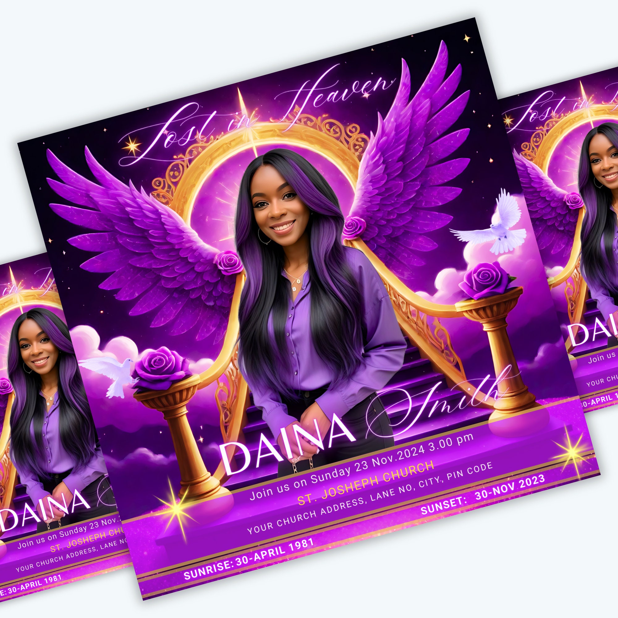 Purple Memorial Funeral Announcement Flyer Template (editable) - Etsy