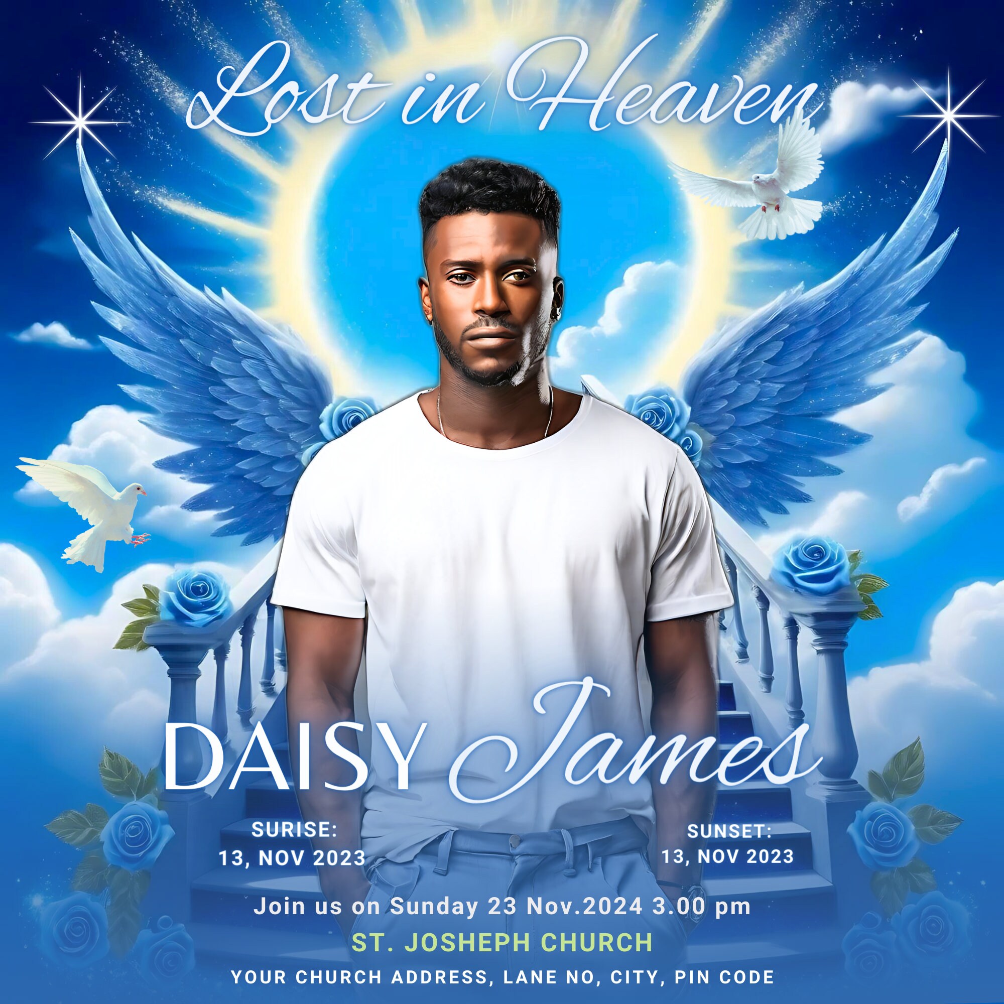 EDITABLE in Loving Memory , Blue Heaven's Stairway Memorial Background for Funeral . CANVA Add ...