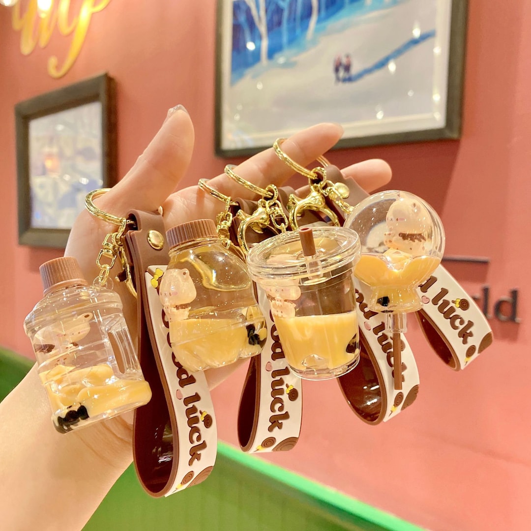 Meow Bubble Tea Floating Liquid Keychain / Meow Bottle Liquid Keychain ...