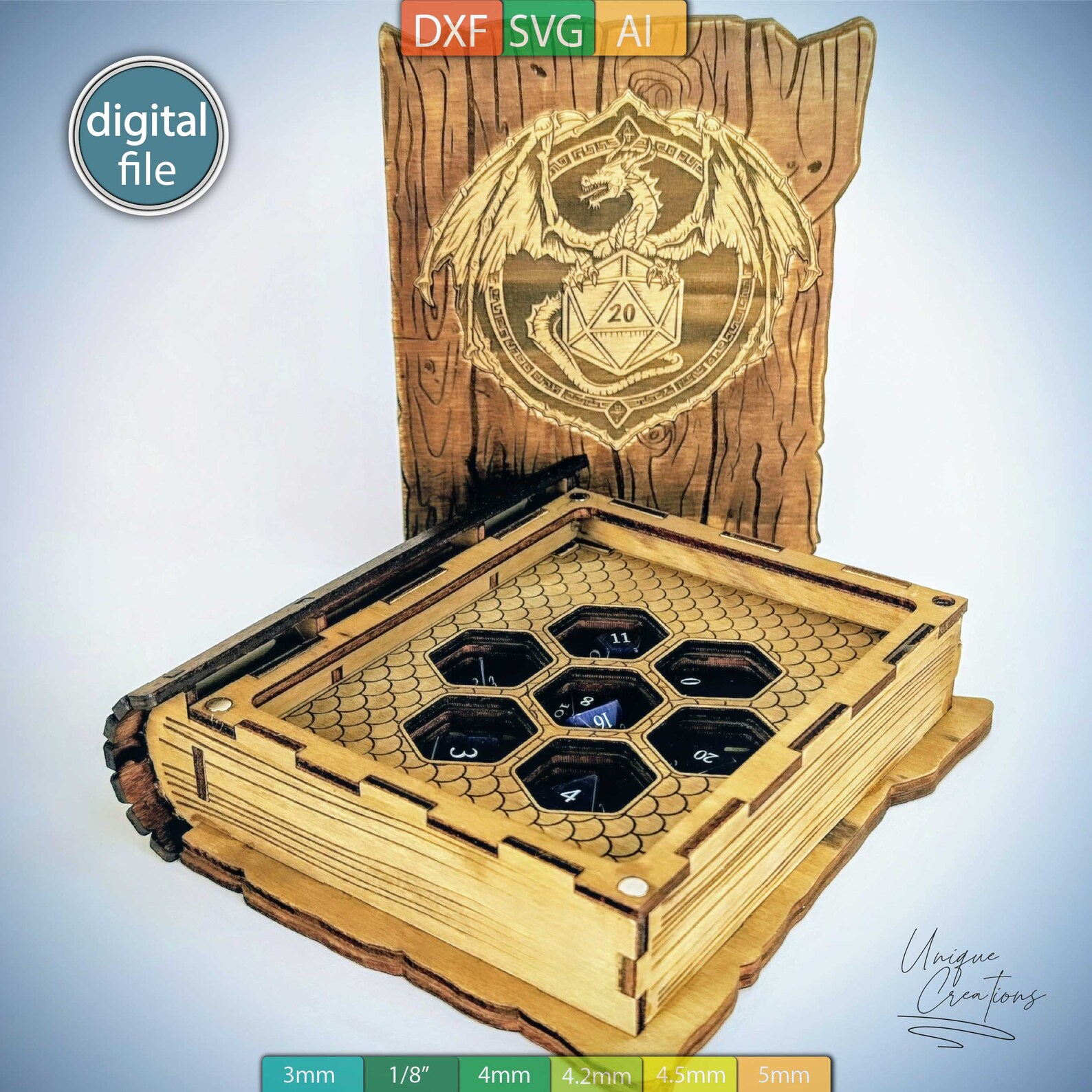Laser Cut Book Dice Box Template With Magnetic Lid, Dragon Emblem ...
