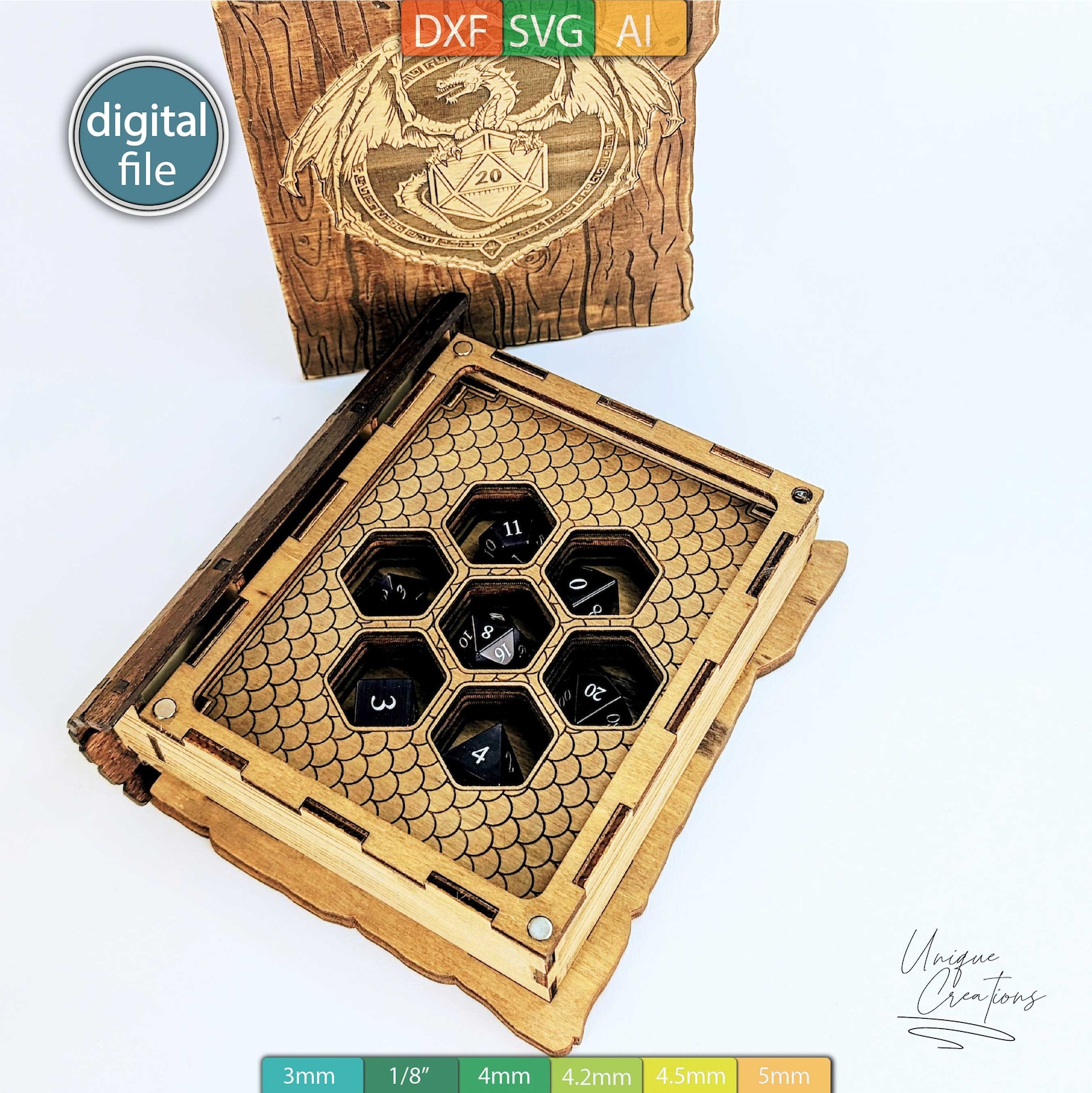 Laser Cut Book Dice Box Template With Magnetic Lid, Dragon Emblem ...