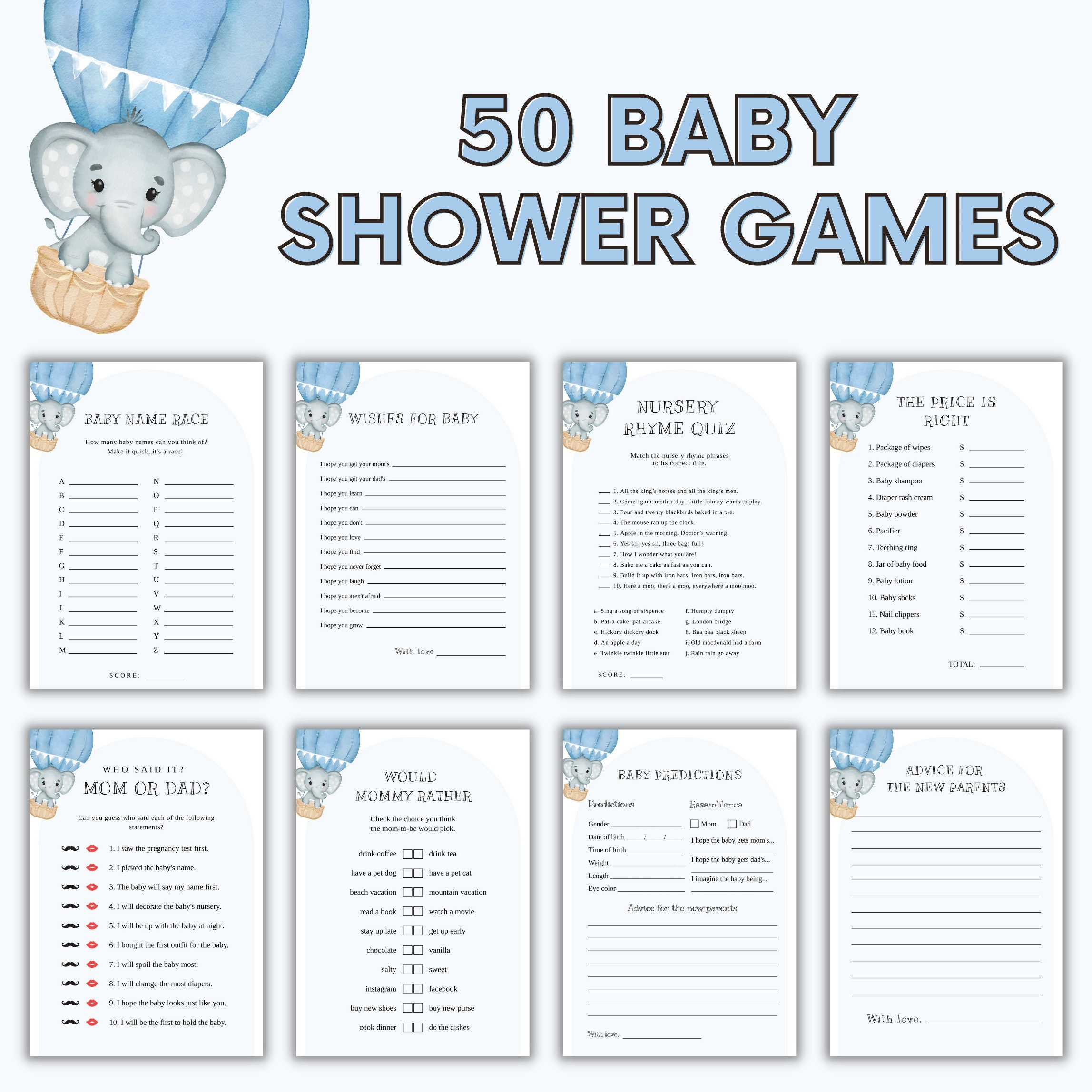 Elephant Baby Shower Games Bundle Blue Elephant Baby Shower Boy Games ...