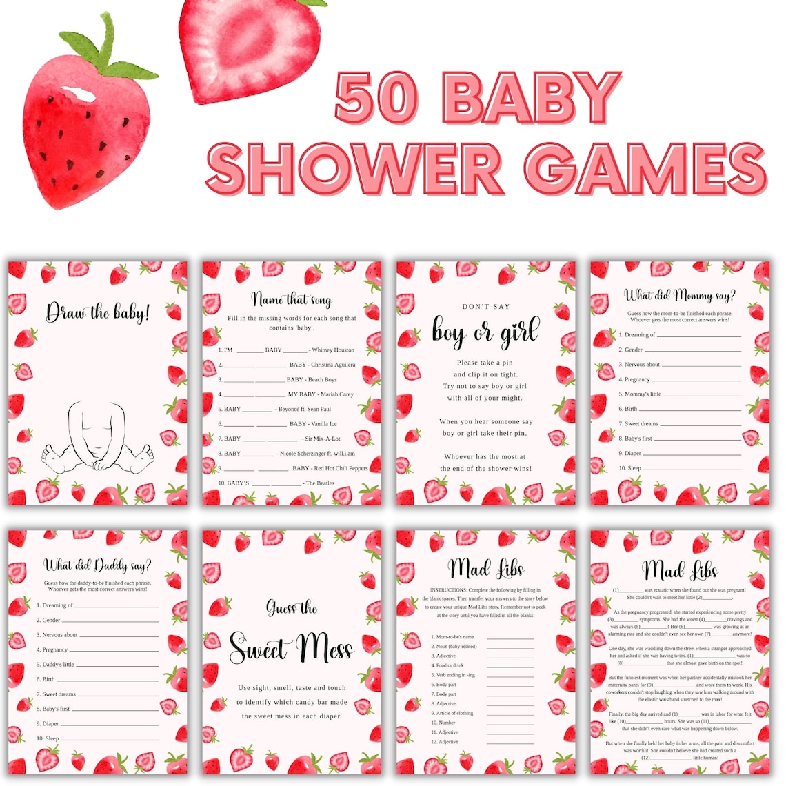 Editable Strawberry Baby Shower Game Bundle Red Strawberry Baby Shower ...