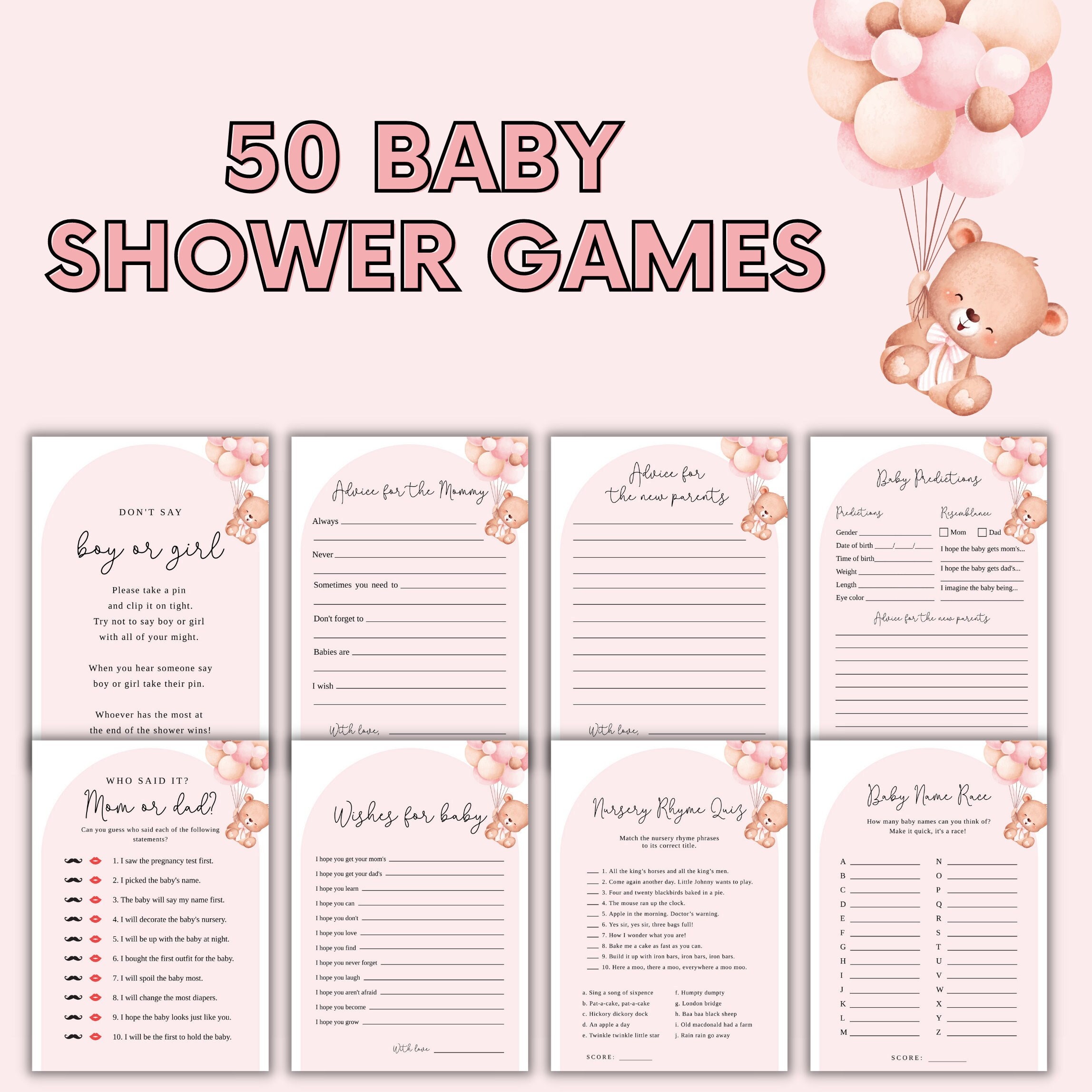 Teddy Bear Baby Shower Games Printable Editable Baby Shower Games Bundle Baby Shower Games Pink ...