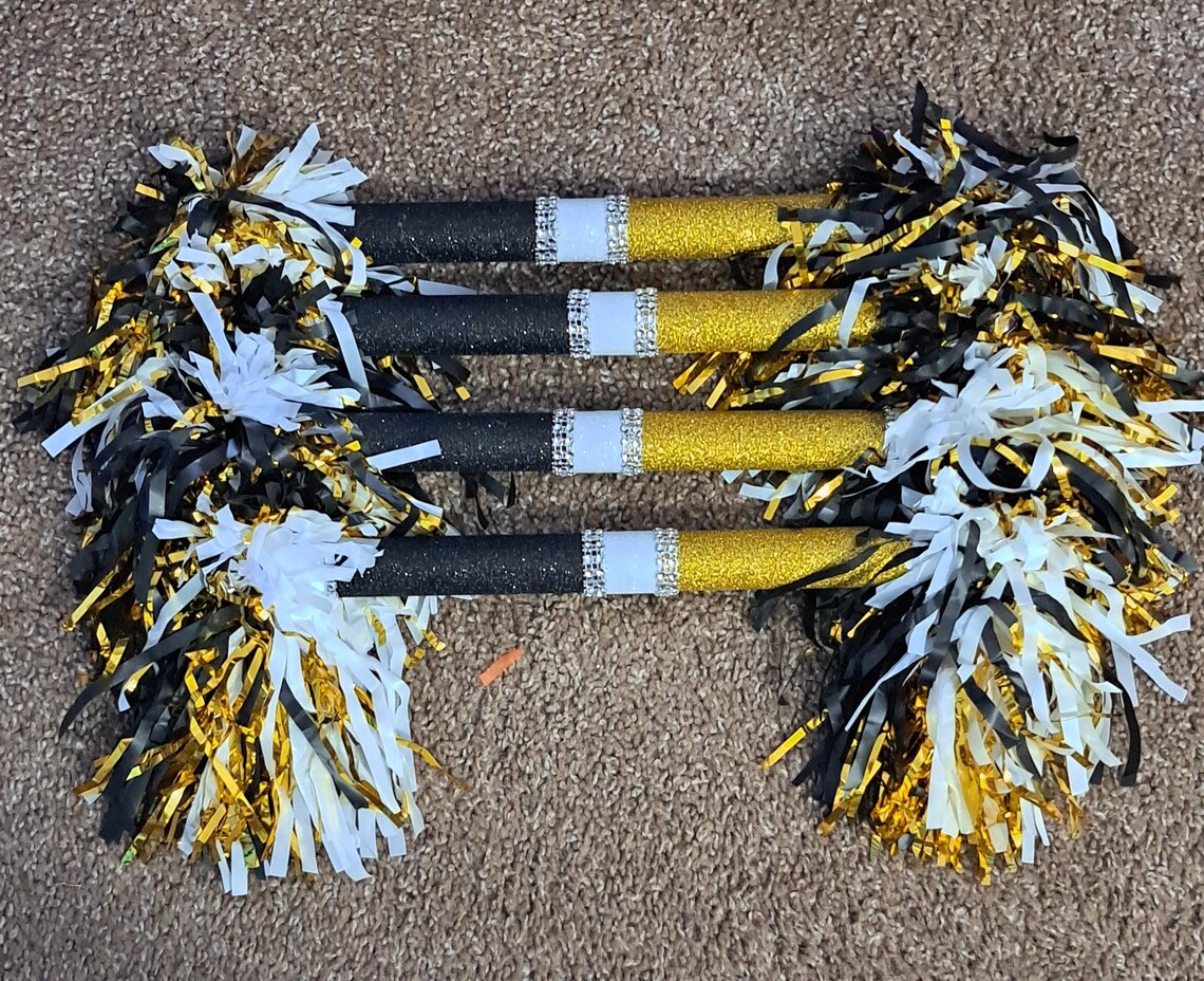 Spirit Stick - Black and Gold Glitter With Black White and Gold Tassels ...