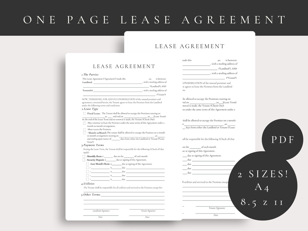 One Page Lease Agreement,rental Agreement,editable Lease Contract ...