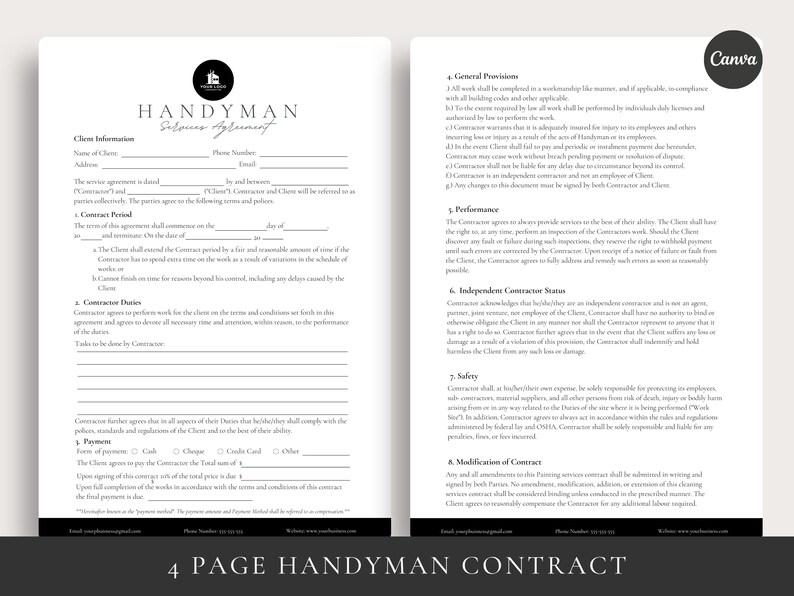 Handyman Contract Template, Handyman Agreement Template, Handyman ...