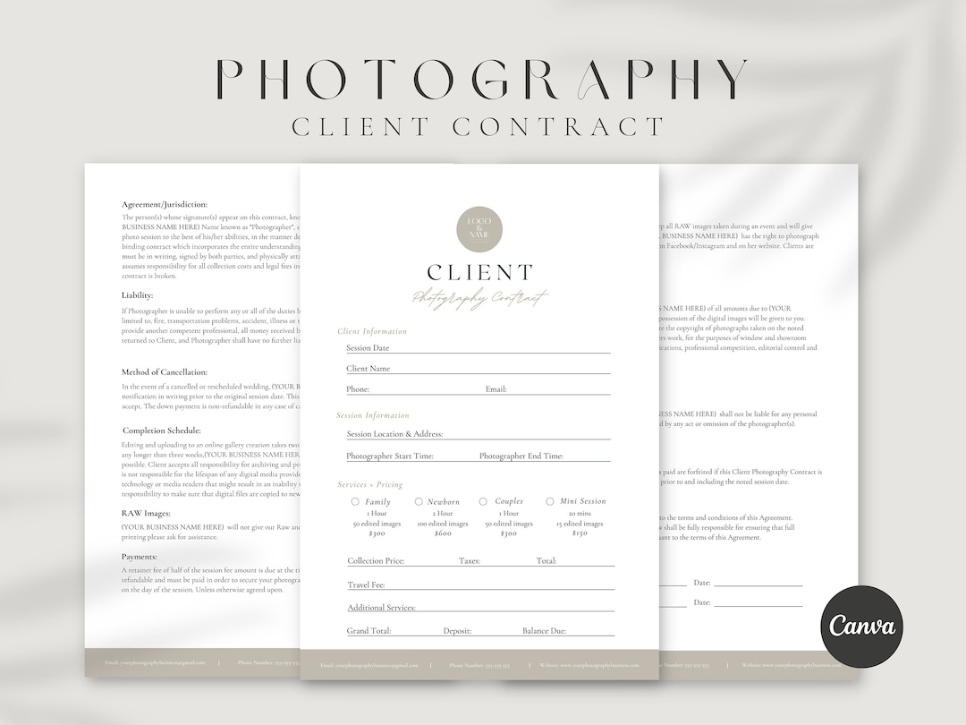 Professional Photography Client Contract Template,canva Template ...