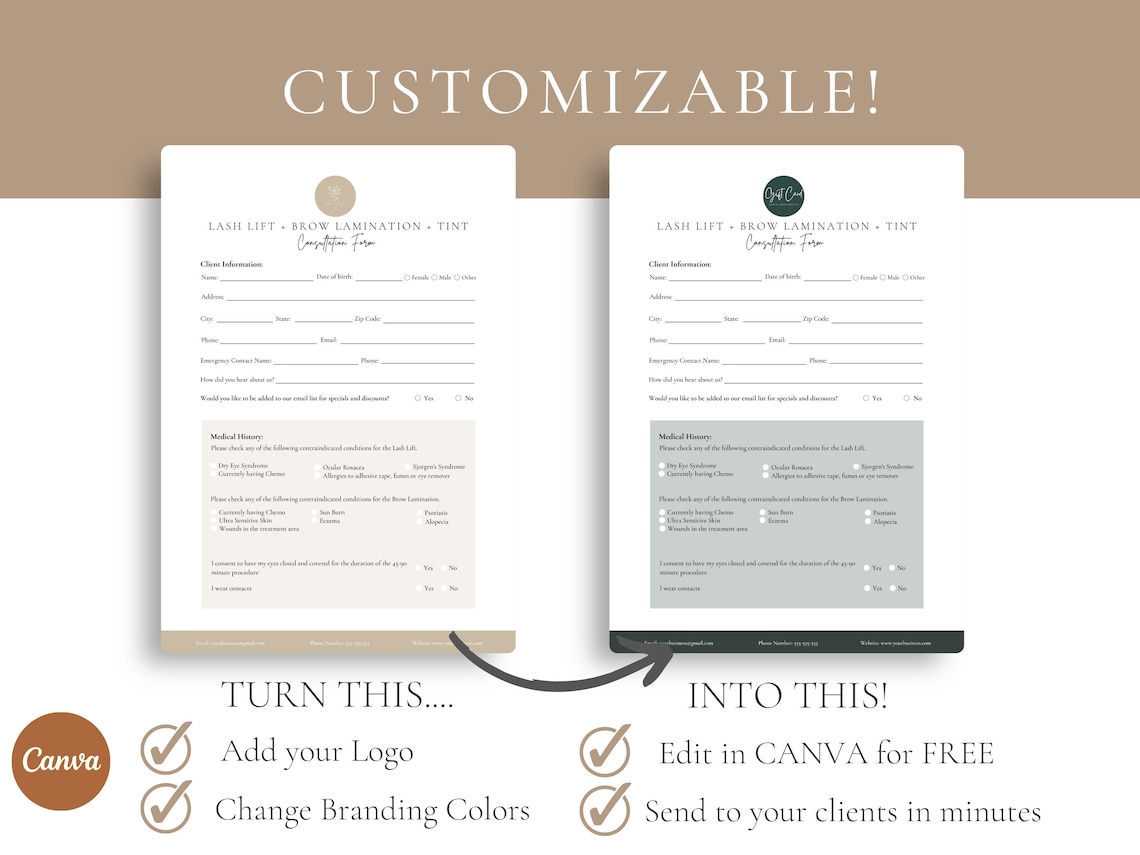 Editable Brow Lamination + Lash Lift + Tint Form, Intake and Client ...