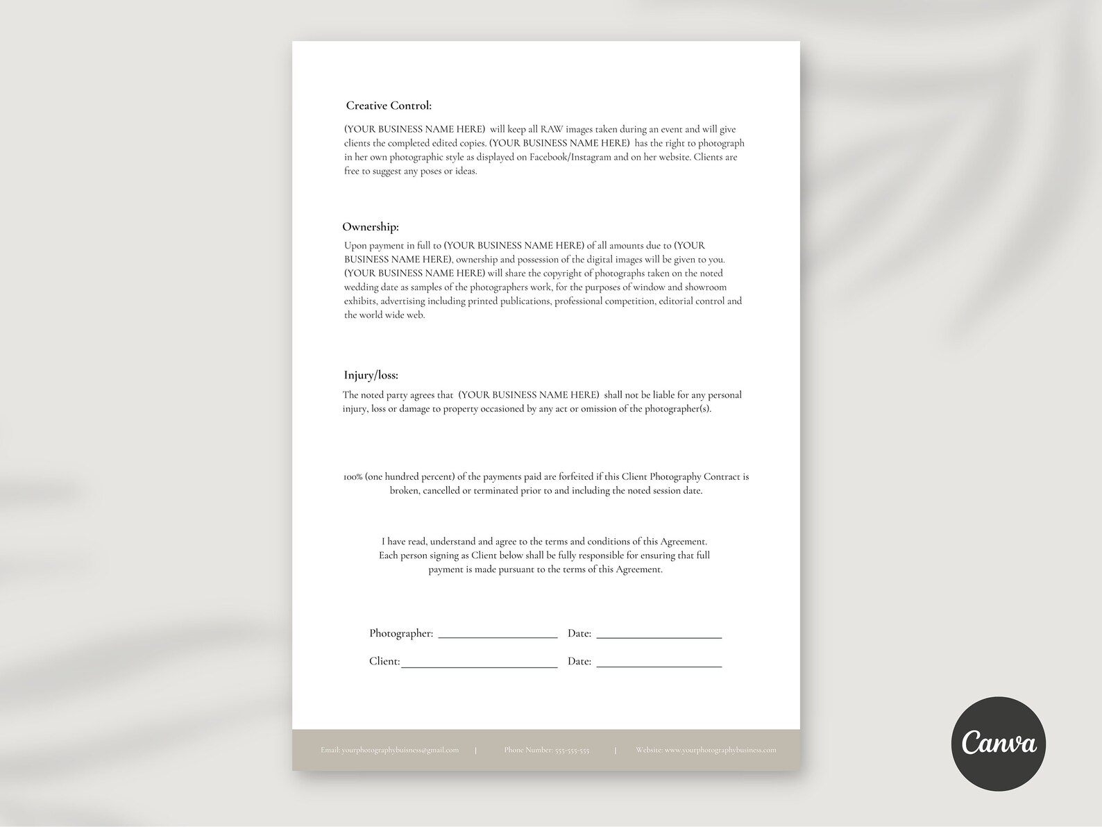 Professional Photography Client Contract Template,canva Template ...