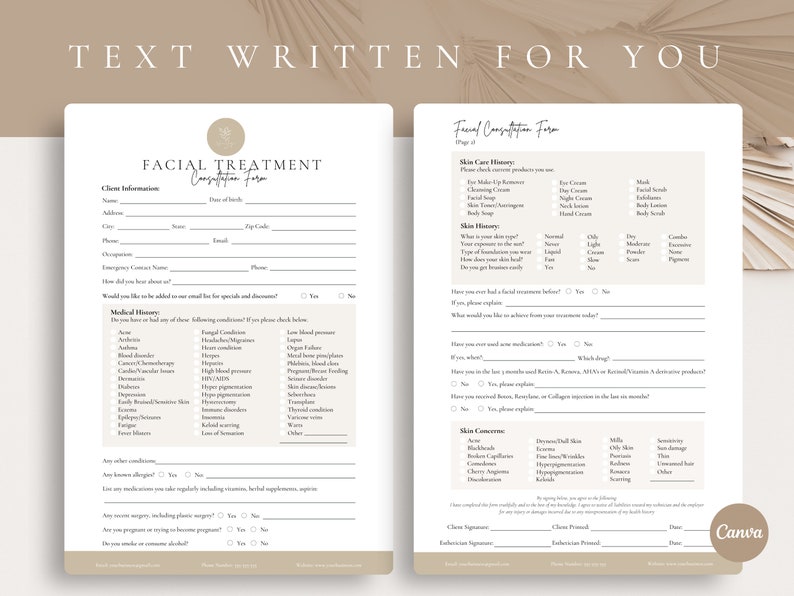EDITABLE Facial Consultation Form, Client Intake Form,beauty Salon ...