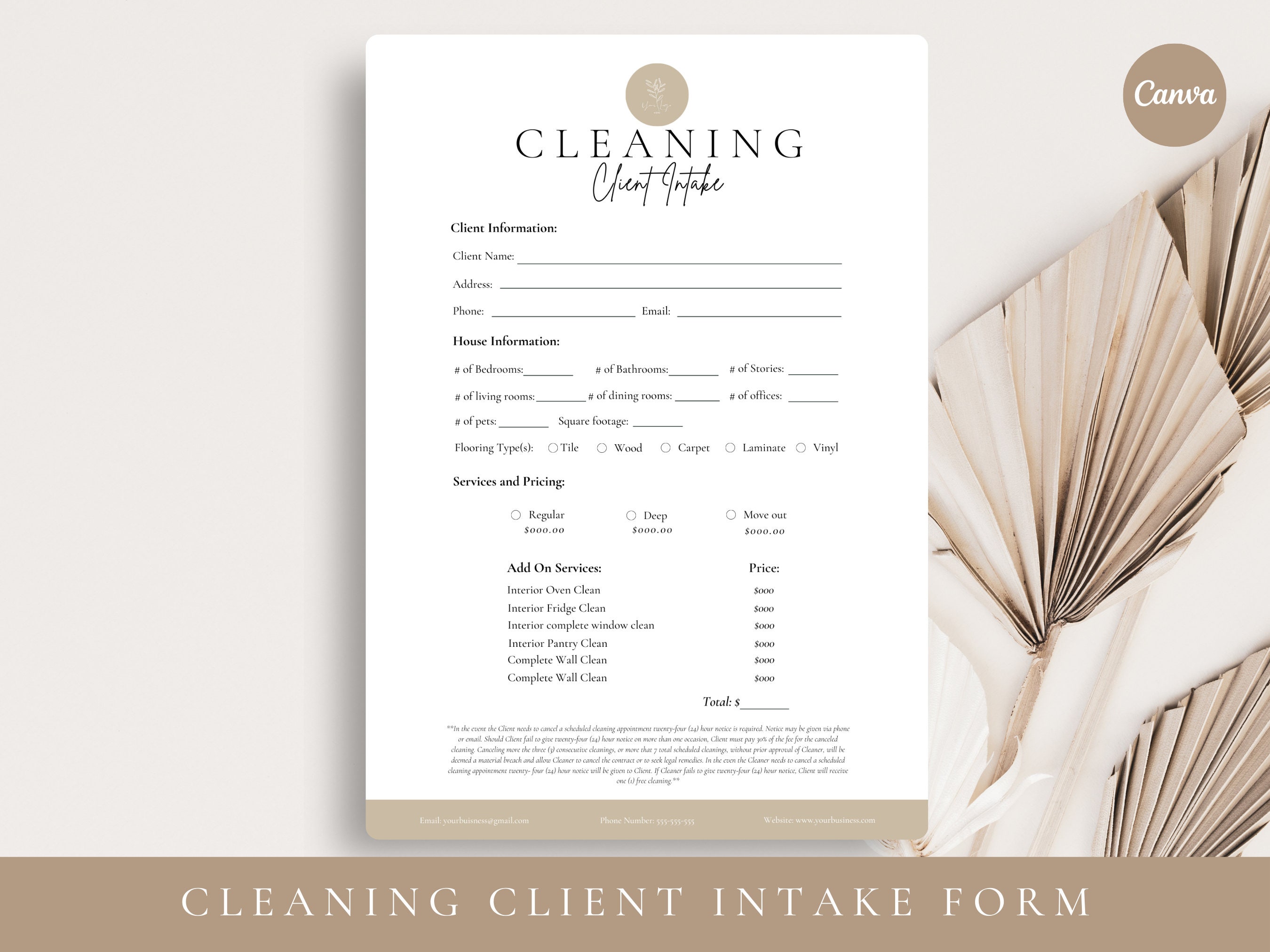 Professional Residential Cleaning Service Client Intake Form,editable ...